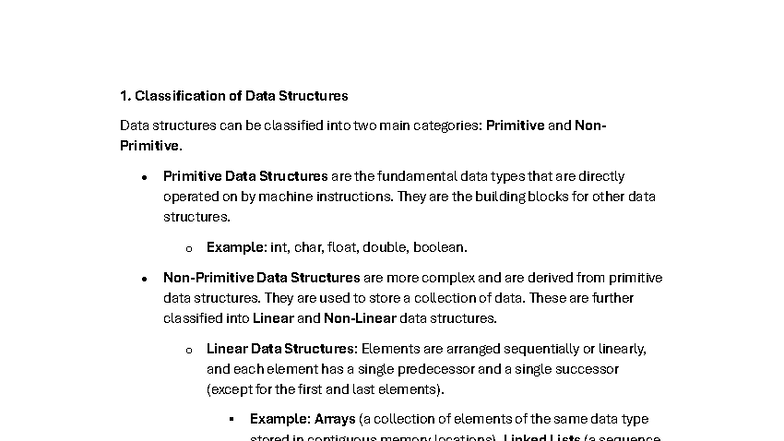 DSA Unit 1: Classification of Data Structures and Algorithms - Studocu
