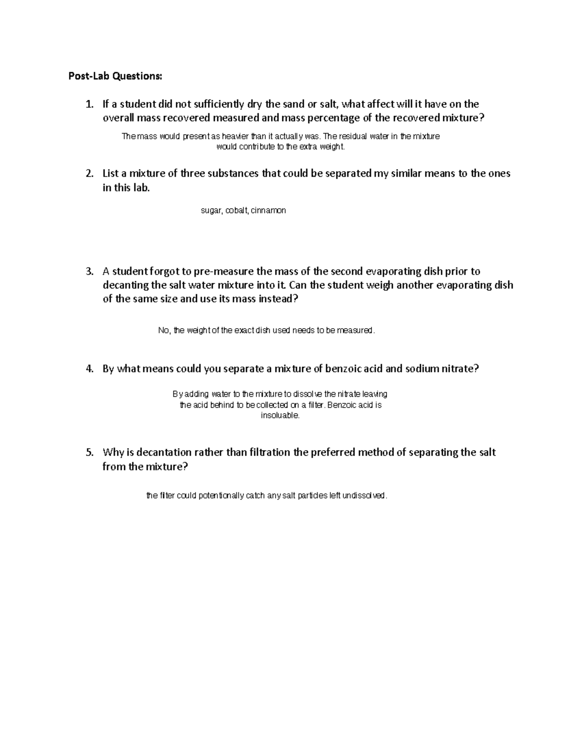 2 Chem 101 Post-Lab Questions on Mixture Separation Techniques - Studocu