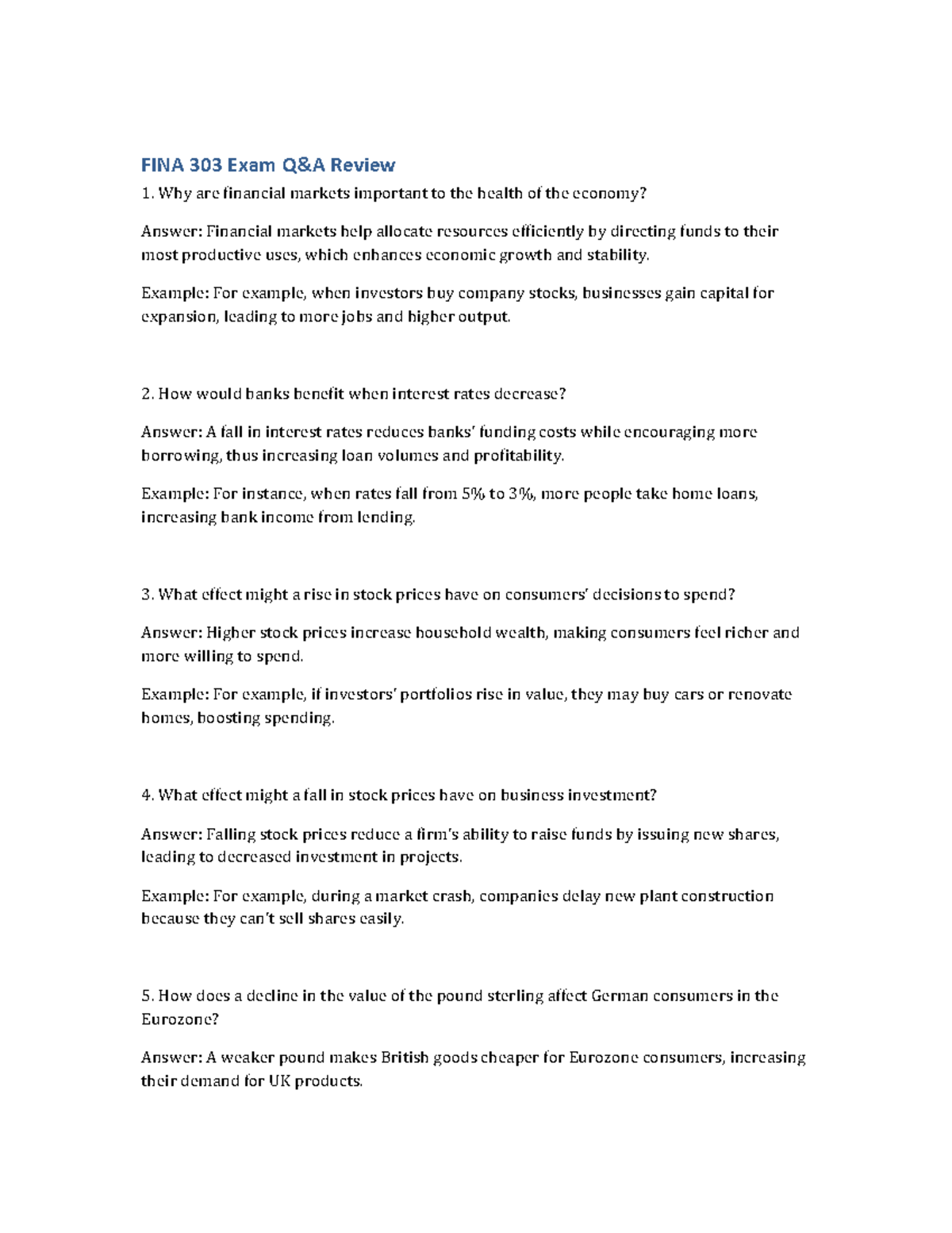 FINA 303 Midterm Exam Review: Key Concepts in Financial Markets - Studocu