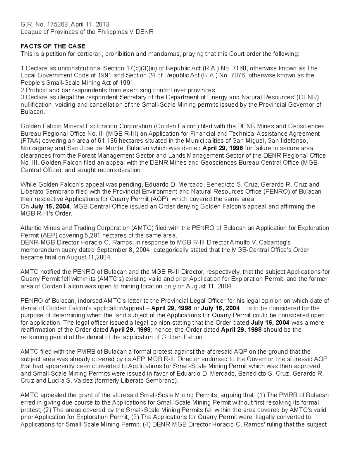 DENR Control Over Small-Scale Mining: Case G. No. 175368 Analysis - Studocu