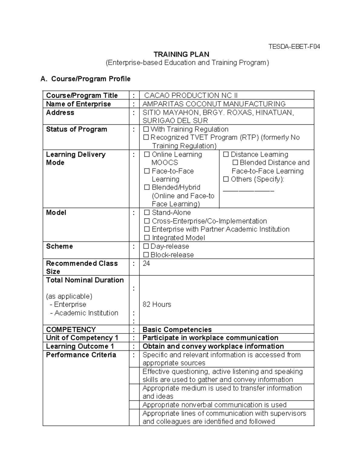TRAINING PLAN: Cacao Production NC II (Education & Training Program ...