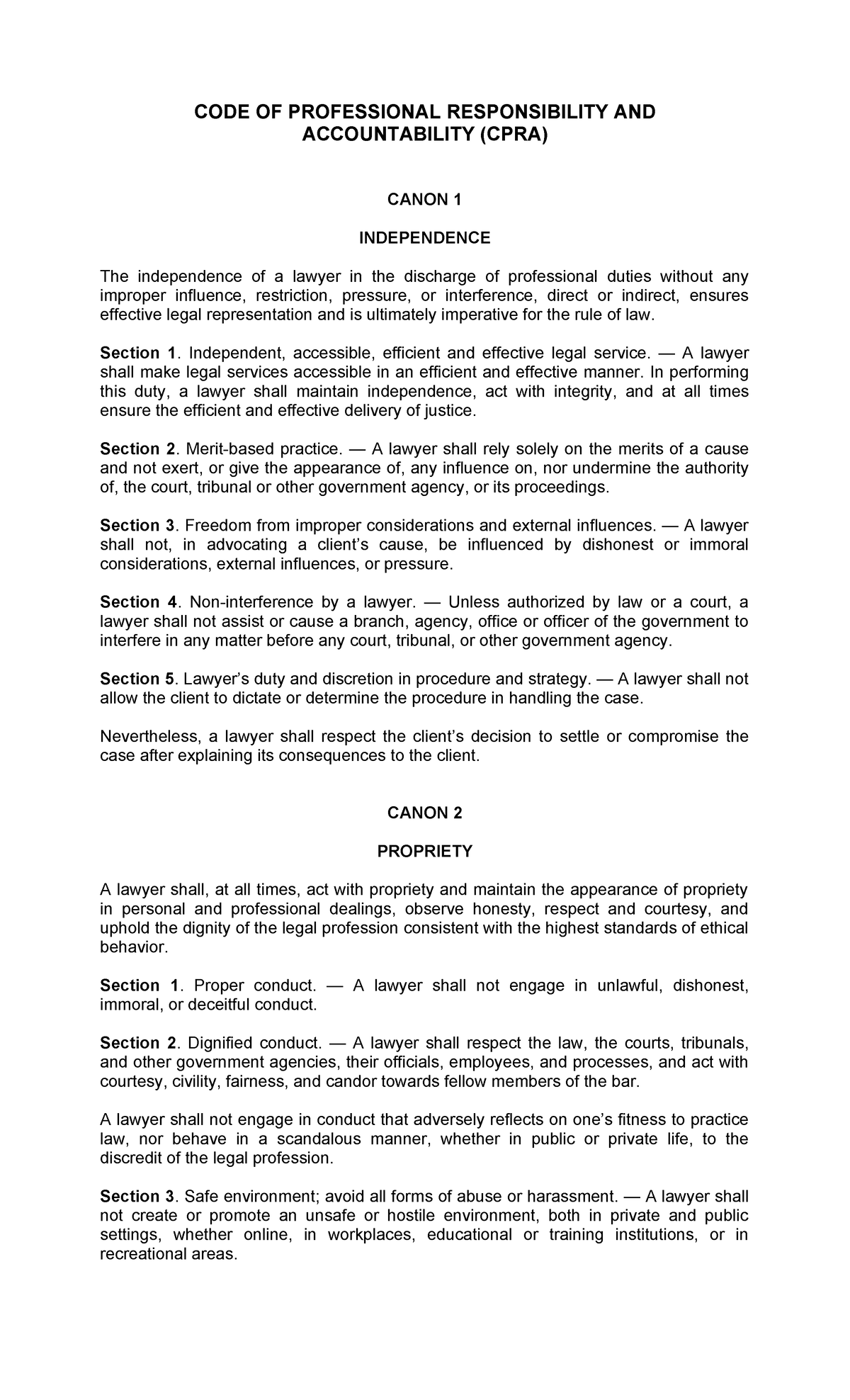 CPRA - Code of Professional Responsibility and Accountability Outline ...