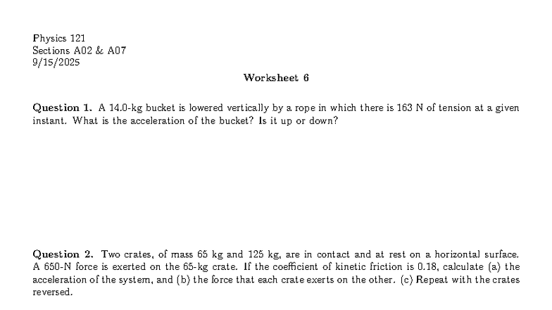 Physics 121 Worksheet 6: Tension & Acceleration Problems - Studocu