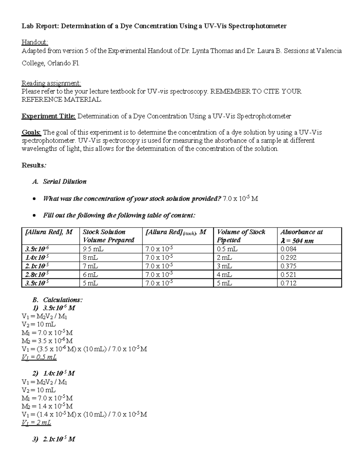 Lab Report: Determination of Dye Concentration Using UV-Vis ...