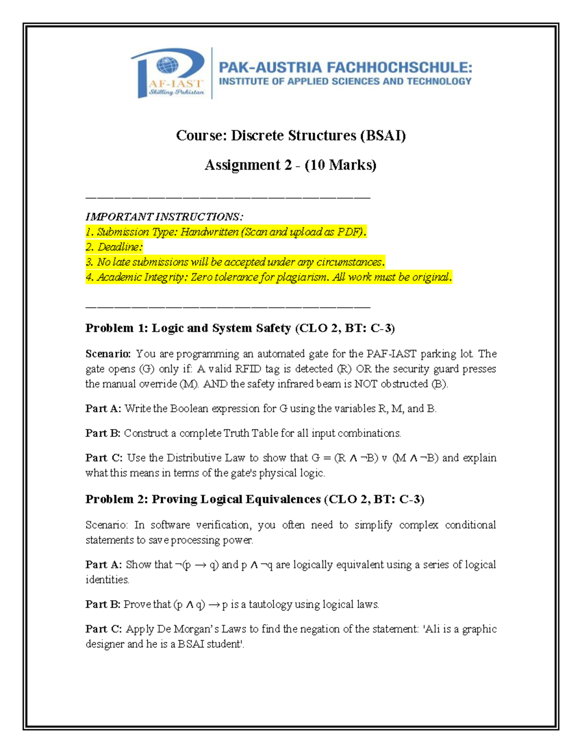 AI-F25 Discrete Structures Assignment 2: Logic, Predicates & Relations ...