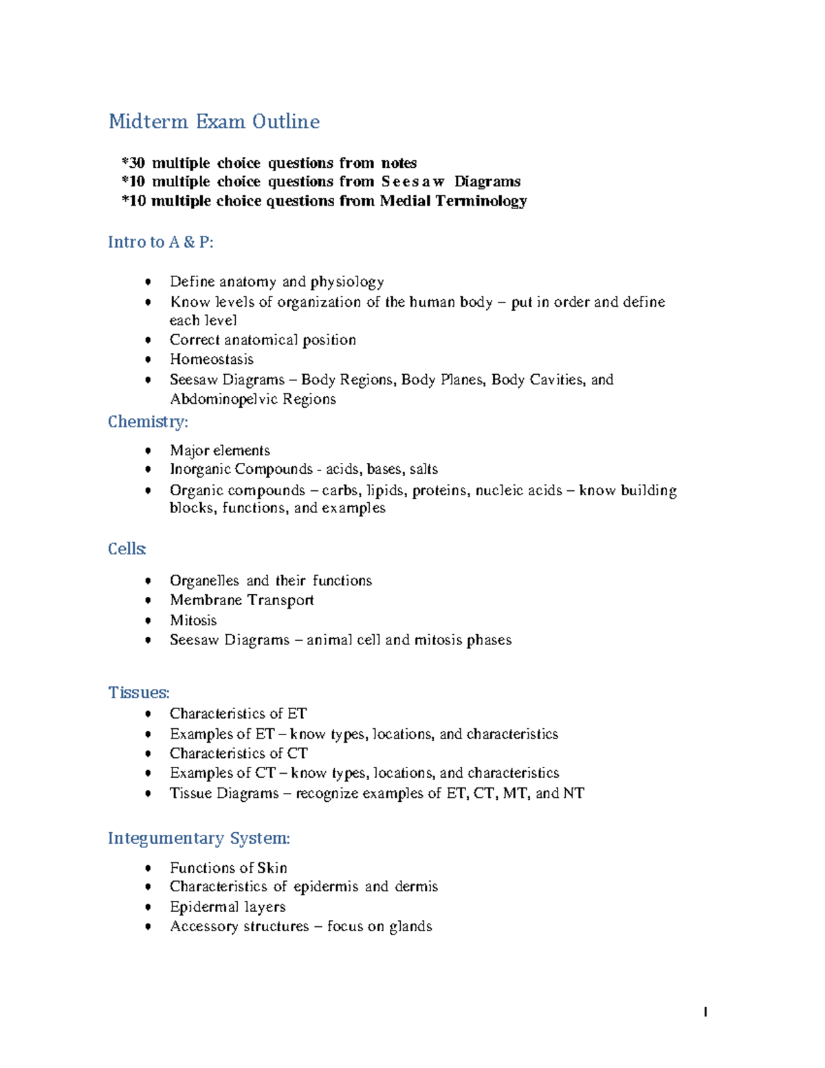 Proctored Midterm Exam Outline - Intro to A&P (A&P 101) - 1 Midterm ...