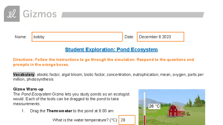 Pond Ecosystem Gizmo Exploration: Student Activity Guide - Studocu