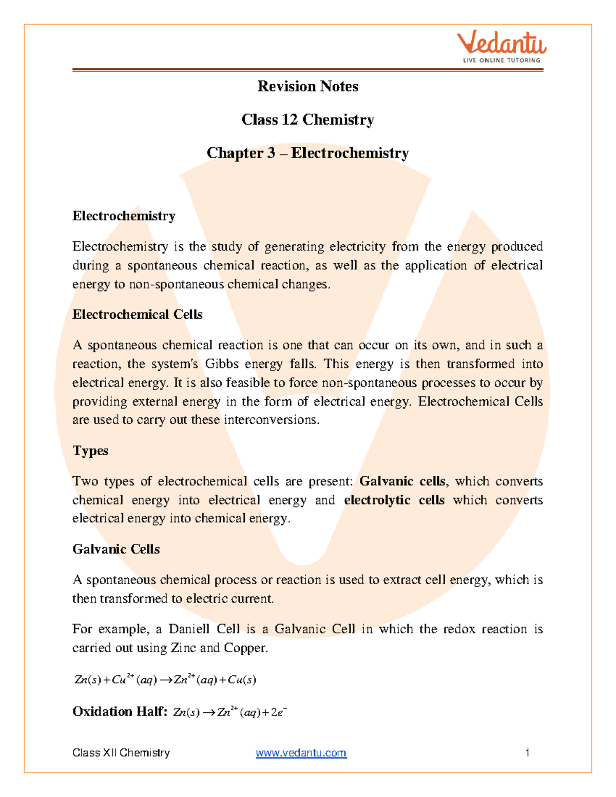CBSE Class 12 Chemistry Revision Notes: Chapter 3 - Electrochemistry ...