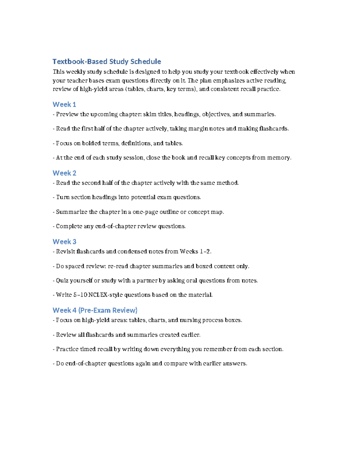 Textbook Study Schedule: Effective Weekly Plan for Exams - Studocu