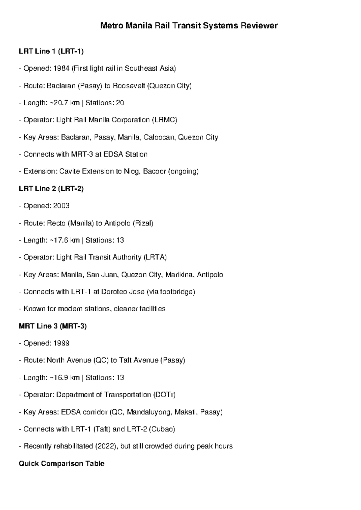 Metro Manila Rail Transit Systems Reviewer: LRT & MRT Overview - Studocu