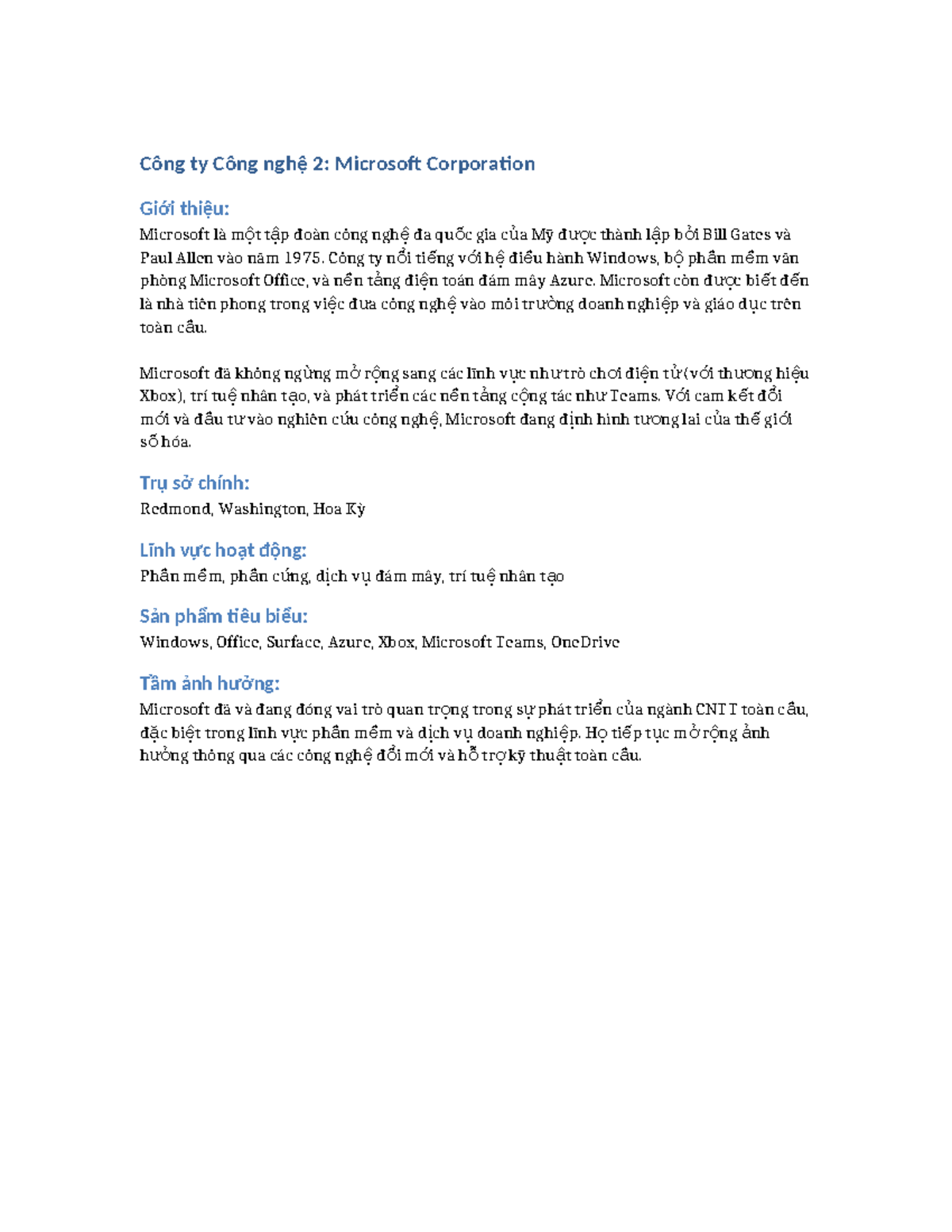 Công ty Công nghệ 2: Giới thiệu về Microsoft Corporation - Studocu