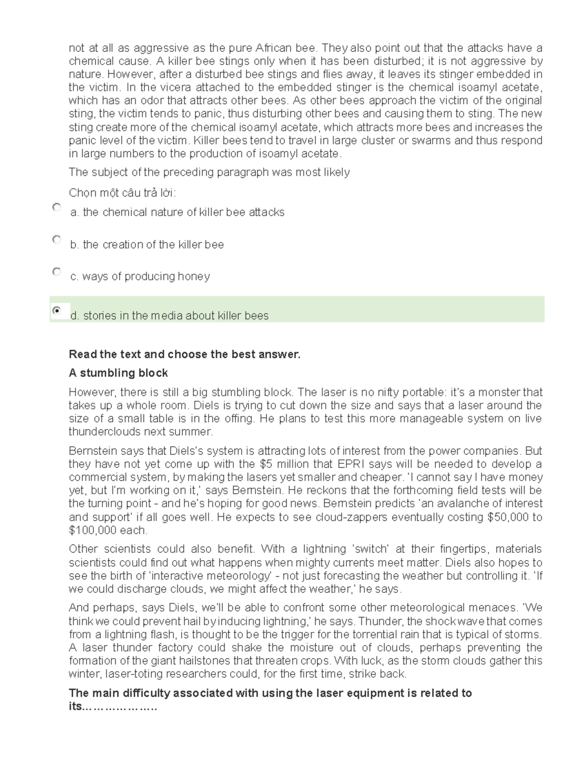 ĐỌC 6 - PART 4 - Đọc 6: Killer Bees and Laser Technology in Weather ...