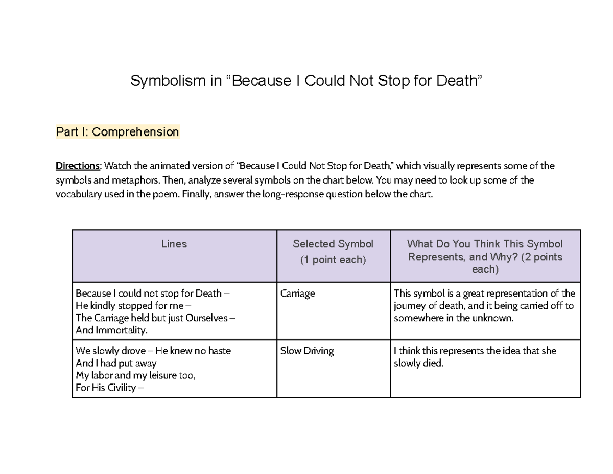 Copy of Emily Dickinson Symbolism Analysis - Symbolism in “Because I ...