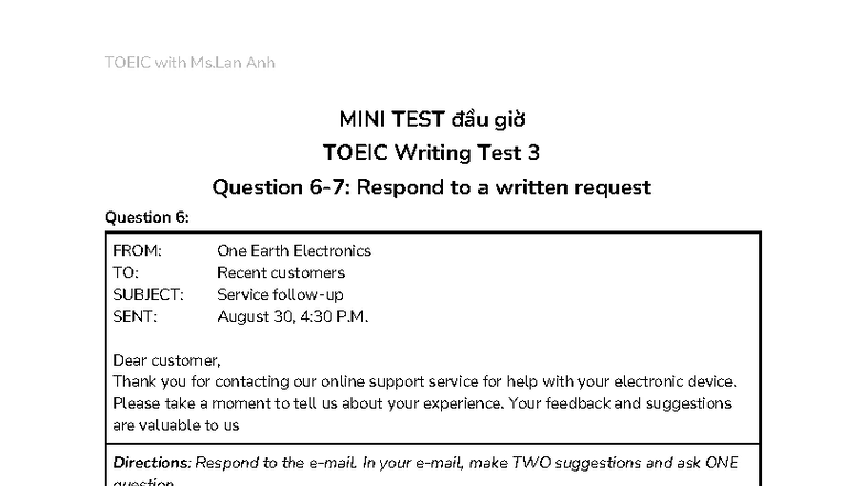 TOEIC Writing Test 3: Mini Test with Ms. Lan Anh - Studocu