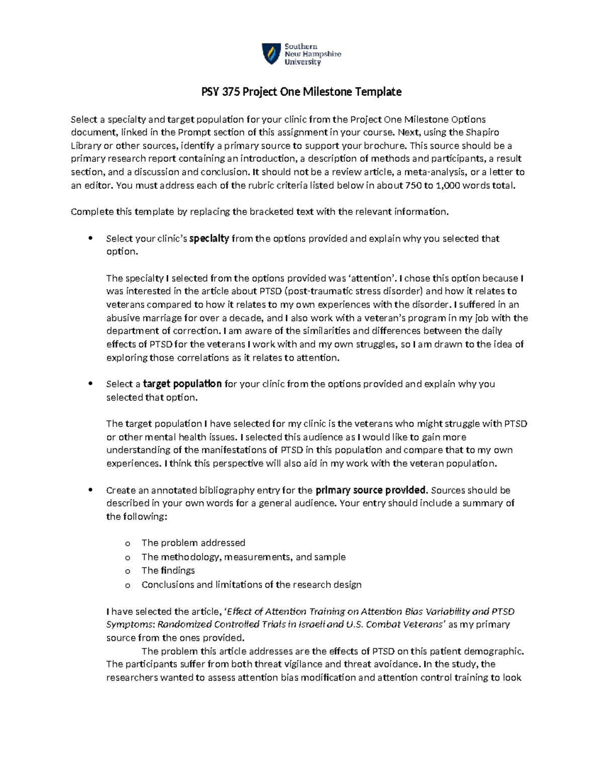 PSY 375 Project One Milestone: Exploring PTSD in Veterans - Studocu