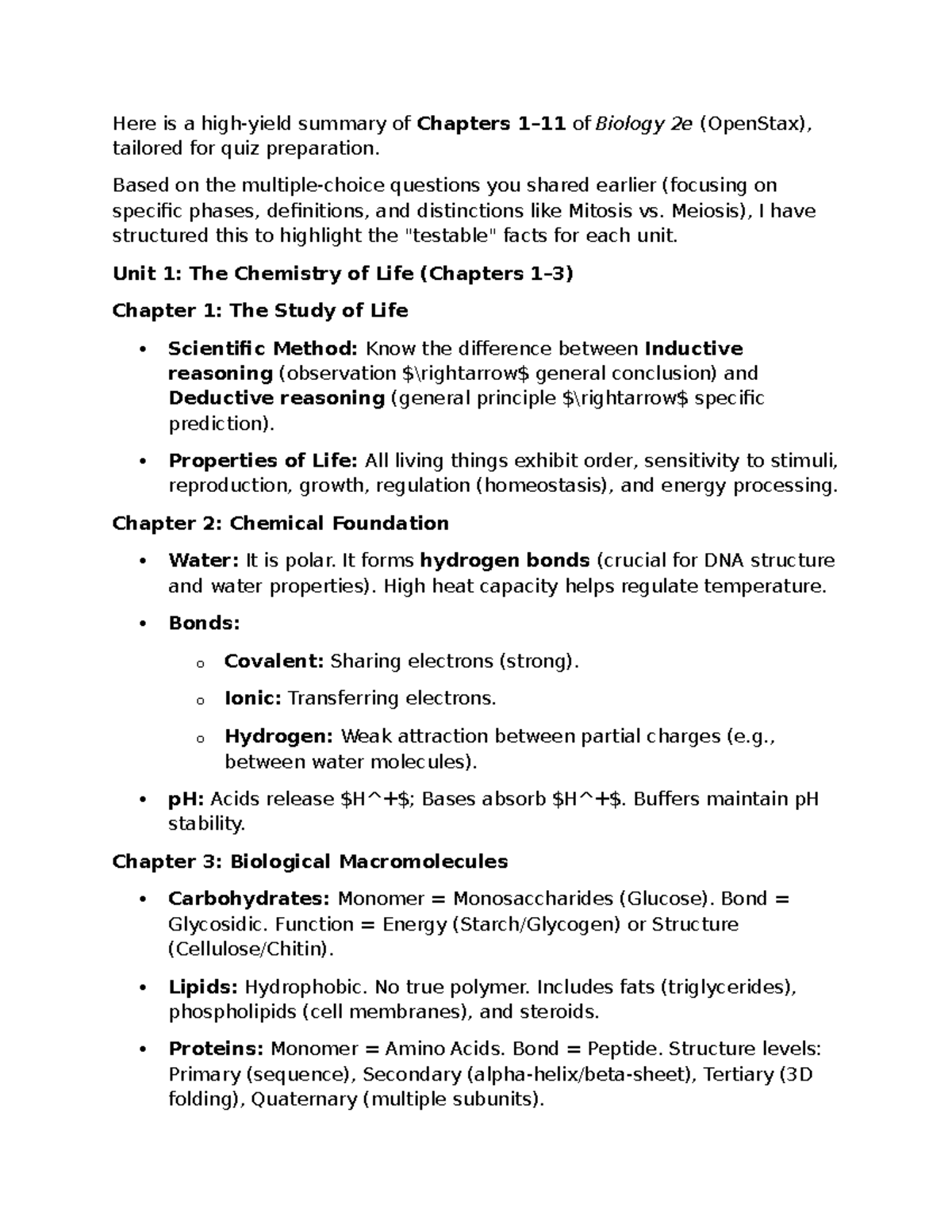 Biology 2e (OpenStax) Chapters 1-11 Summary for Quiz Prep - Studocu