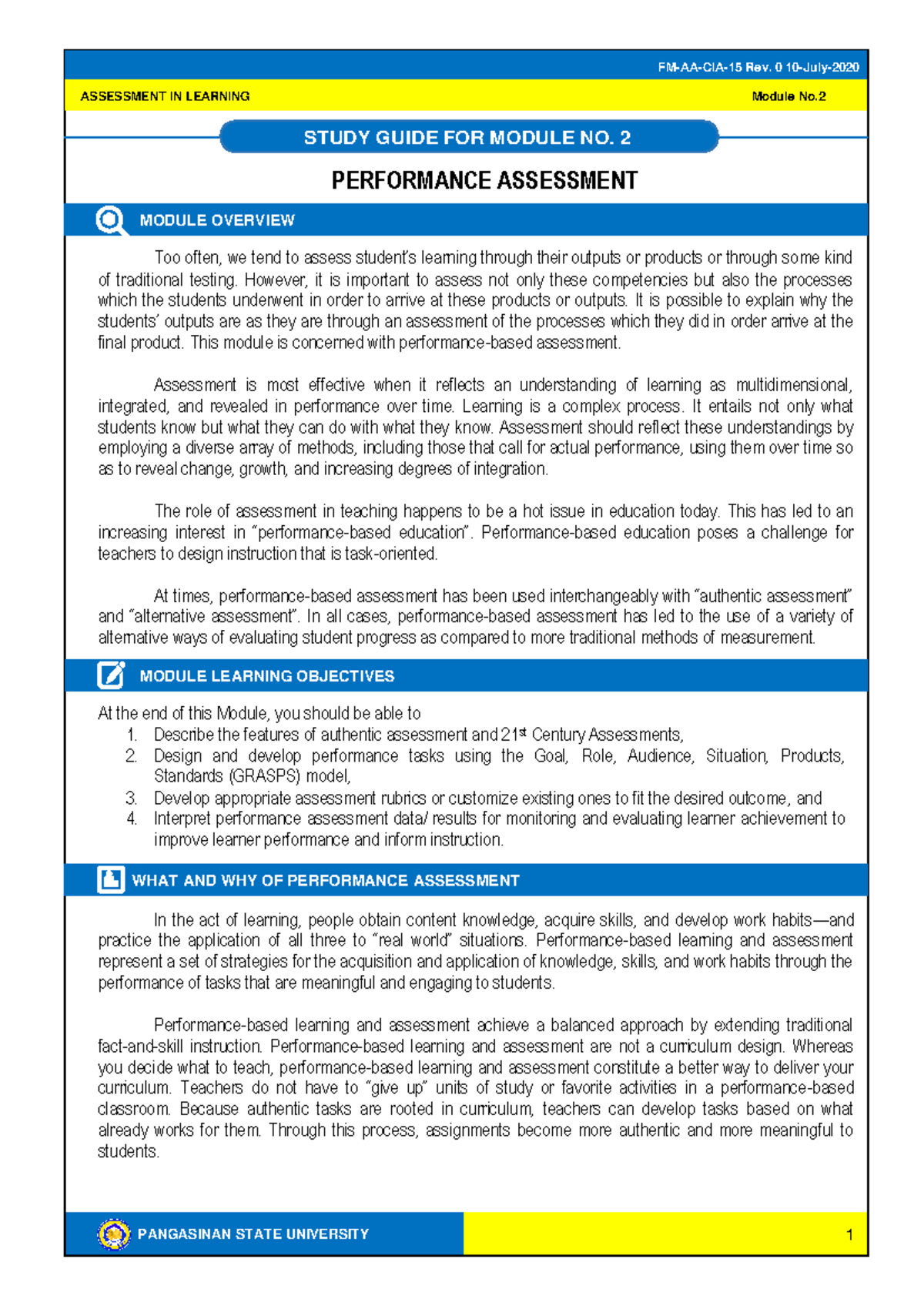 Assessment in Learning 2 - Module 2 Study Guide on Performance ...