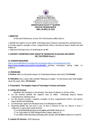 Lesson Plan in TLE-Creative Technology Grade 8 Quarter I-Week 1 ...