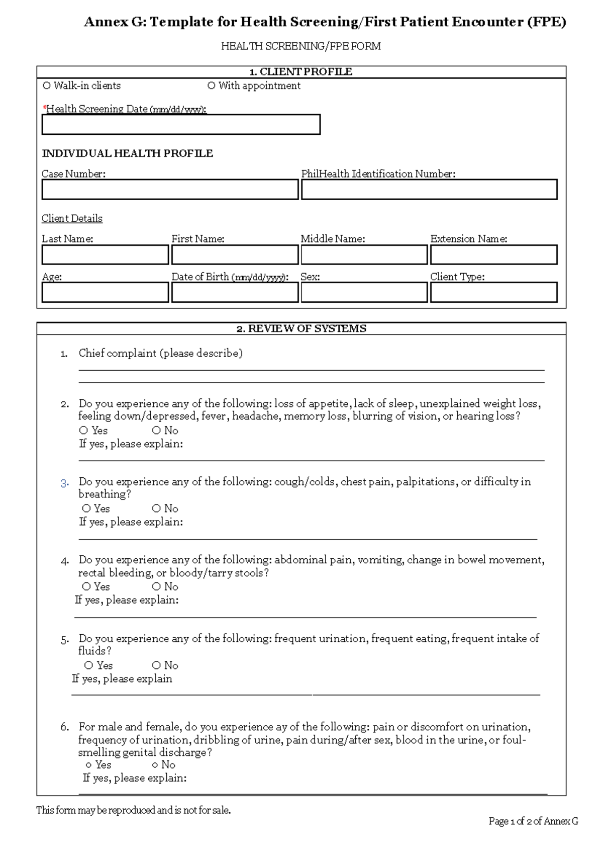 Annex G FPE Form: Sample Health Screening Template for Clients - Studocu