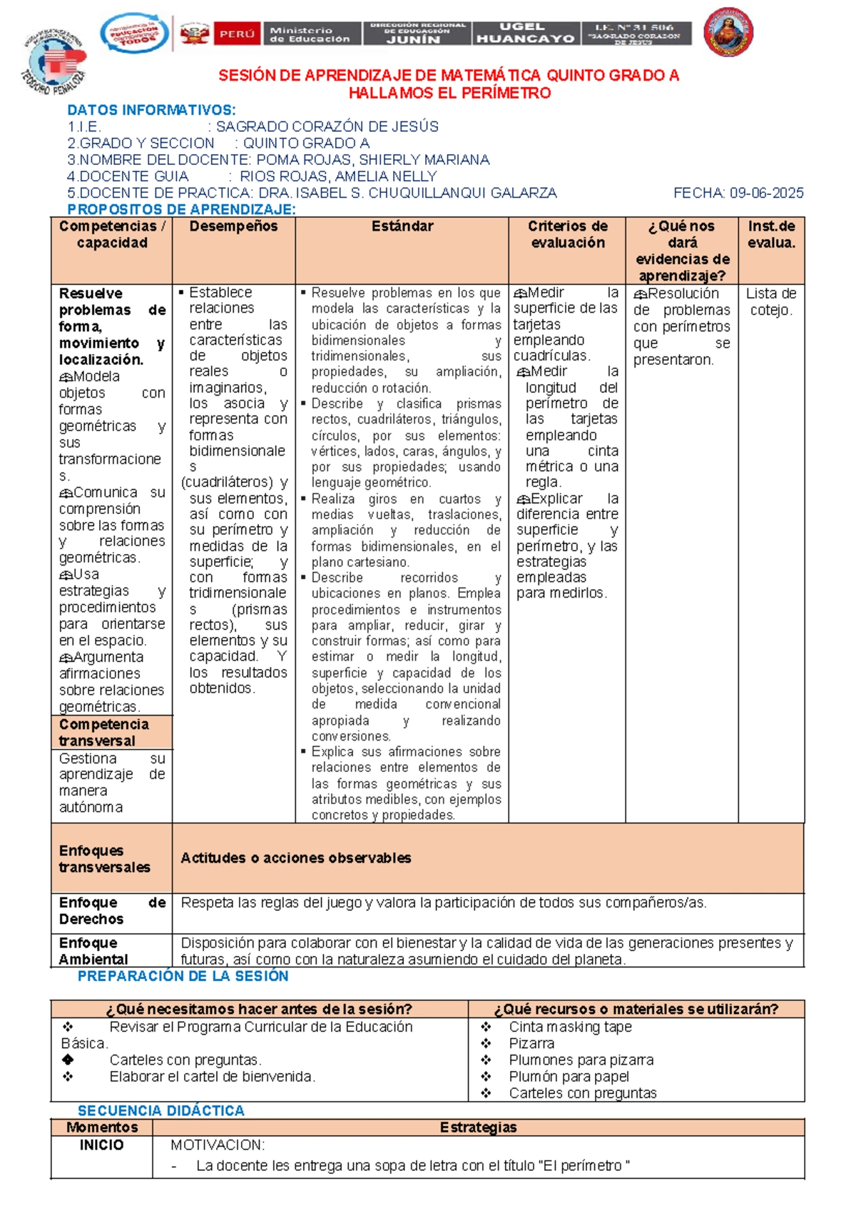 SESION DE APRENDIZAJE DE MATEMÁTICA 5TO GRADO A: HALLAMOS EL PERÍMETRO ...