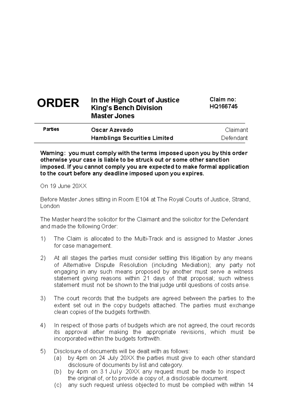 High Court Order Exemplar - Claim No: HQ - Master Jones - Studocu