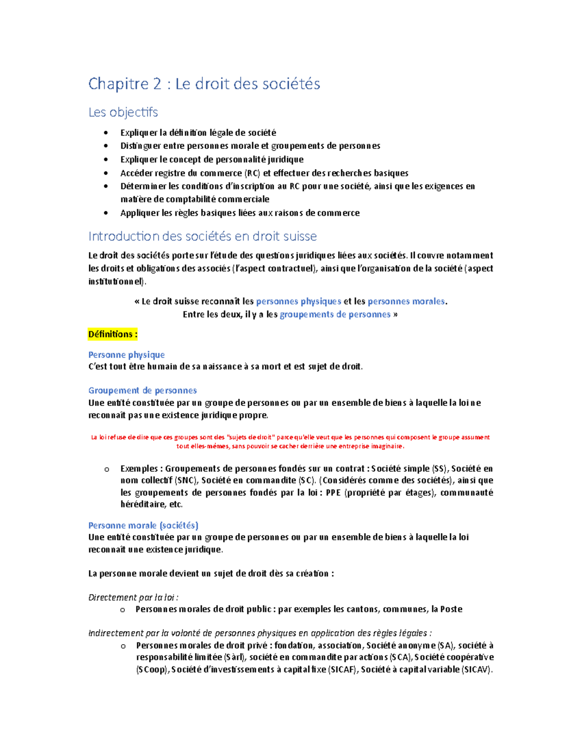 Chapitre 2 : Le Droit des Sociétés - Aspects Juridiques (CC, CO) - Studocu