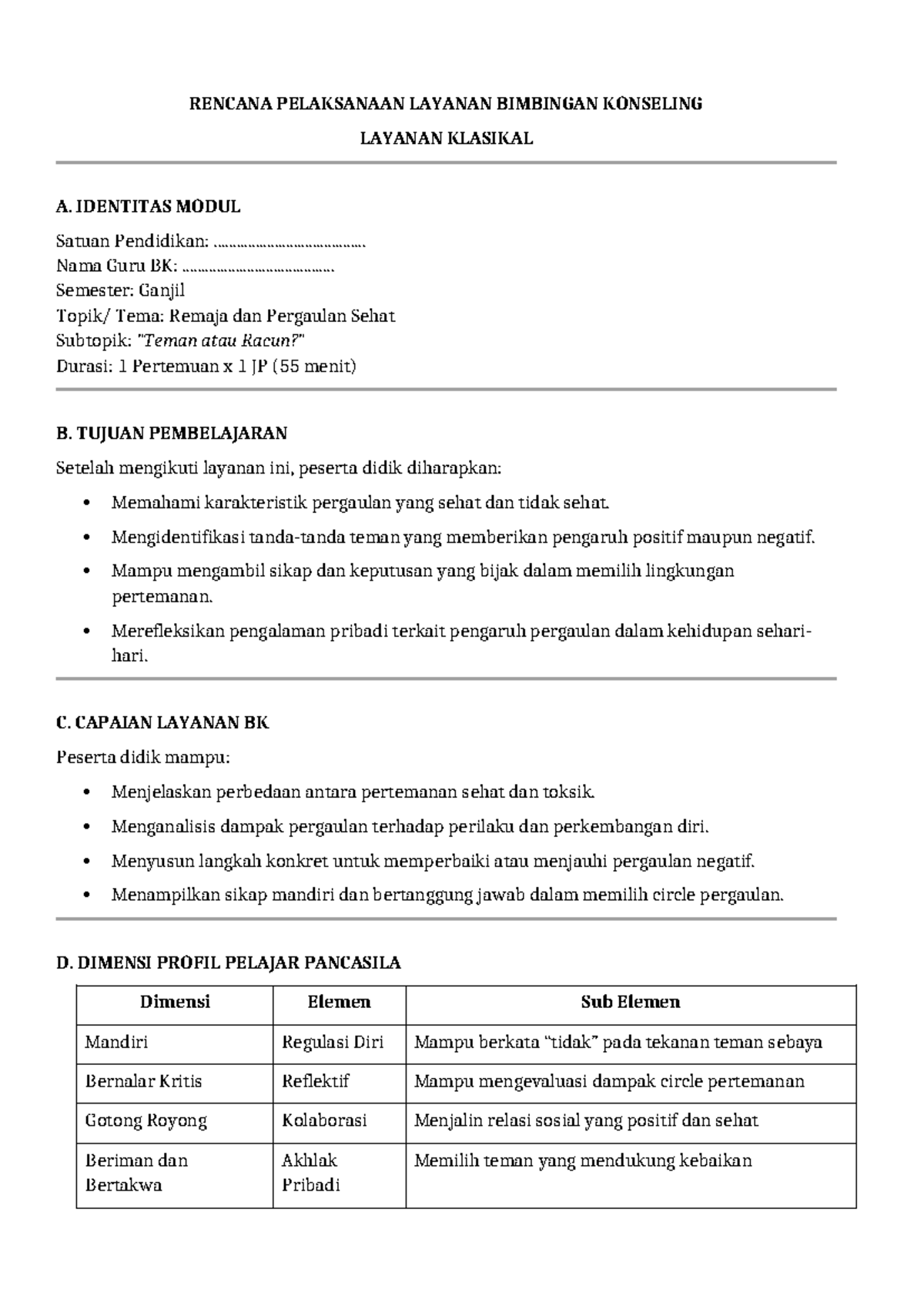 Rencana Pelaksanaan Layanan BK: Remaja dan Pergaulan Sehat (Semester ...