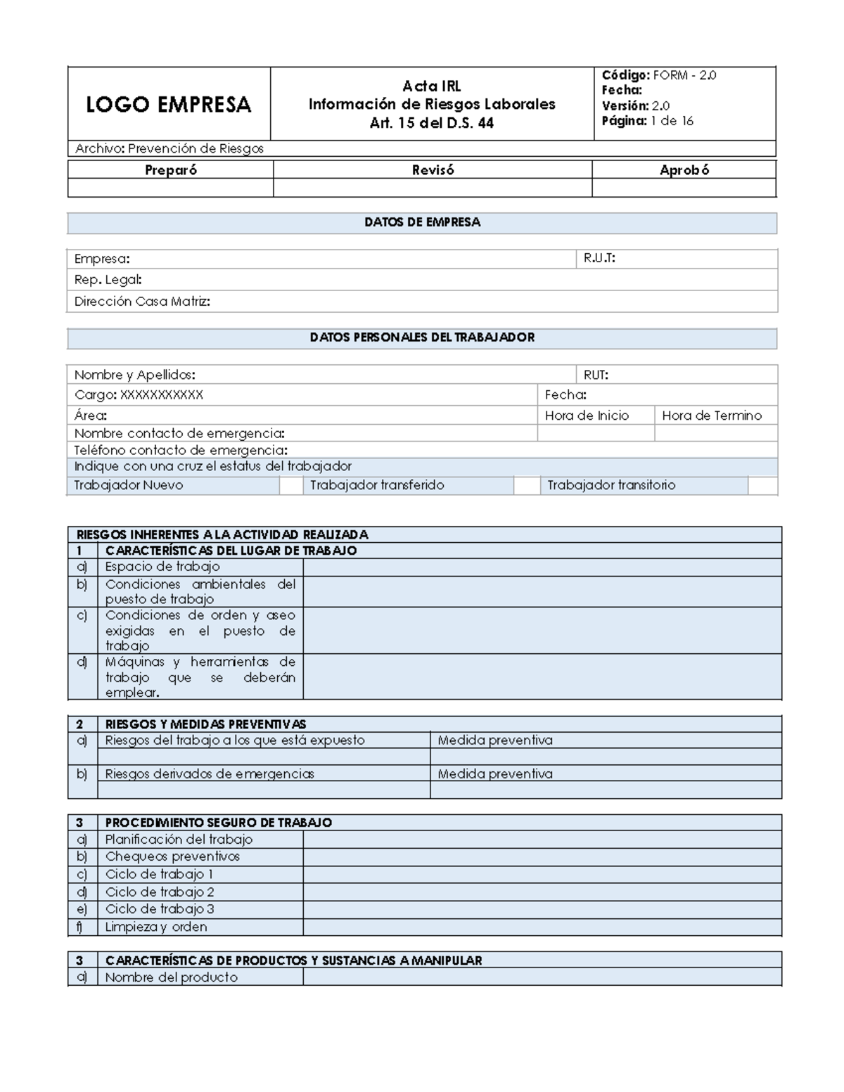 Formato IRL DS 44: Obligaciones de Información sobre Riesgos Laborales ...