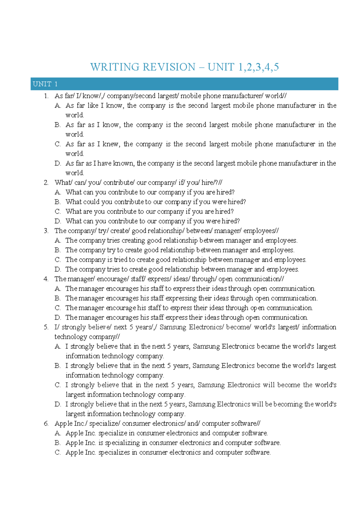 Writing Revision Units 1-5 - SV - Studocu