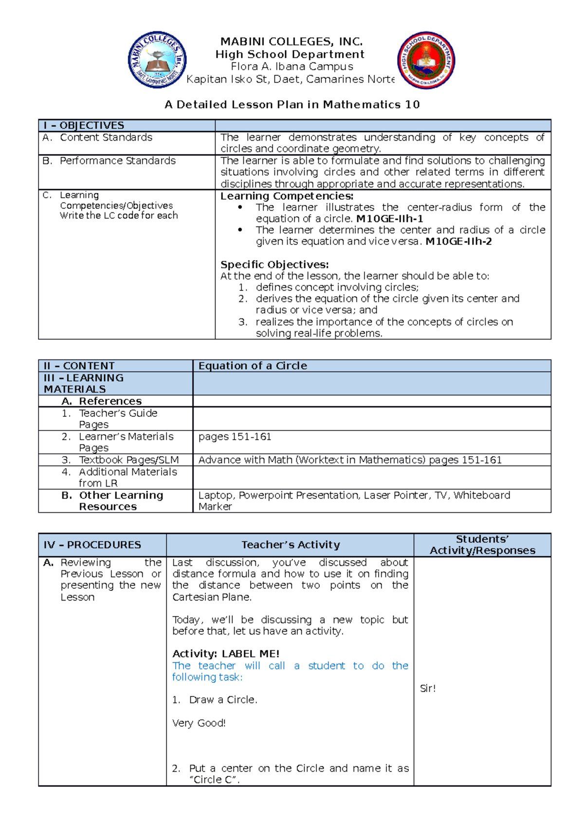 MATH10 DLP: Understanding the Equation of a Circle in Geometry - Studocu