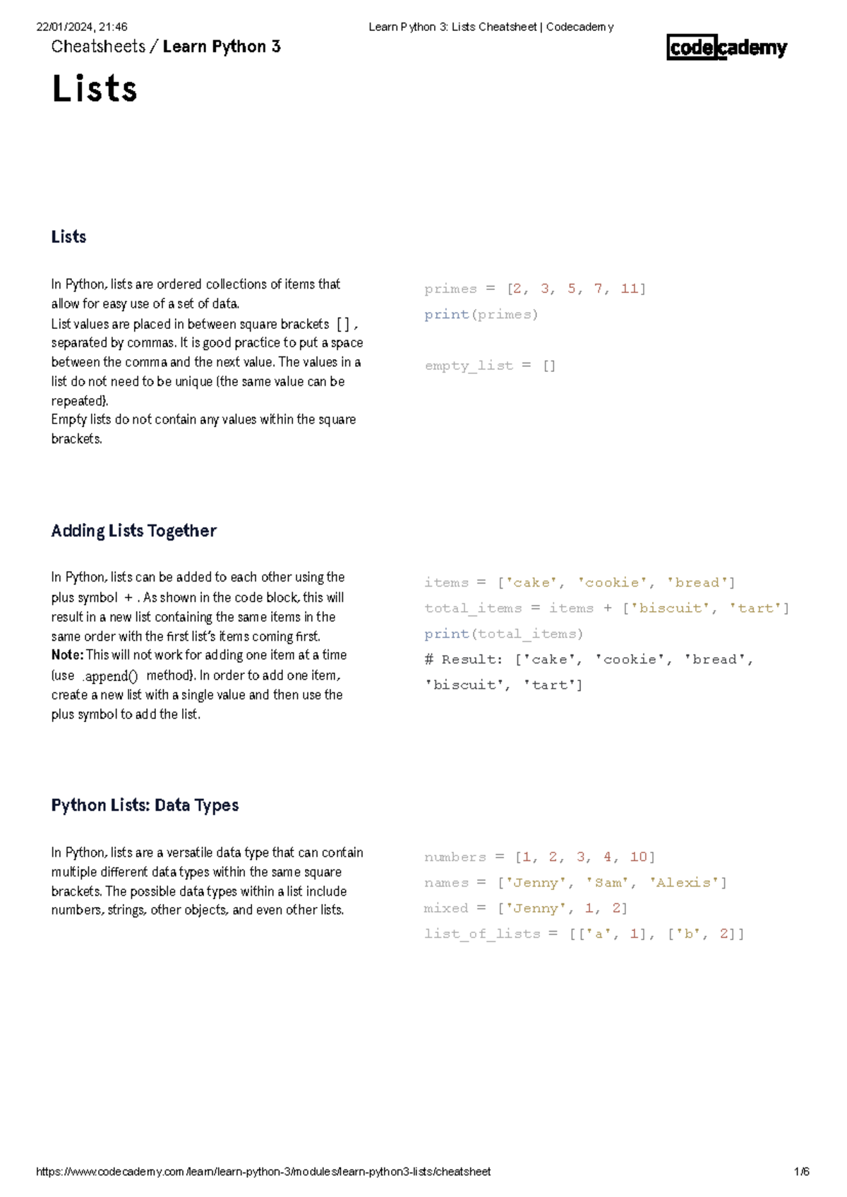 21:46 Learn Python 3: Lists Cheatsheet - Codecademy Guide - Studocu