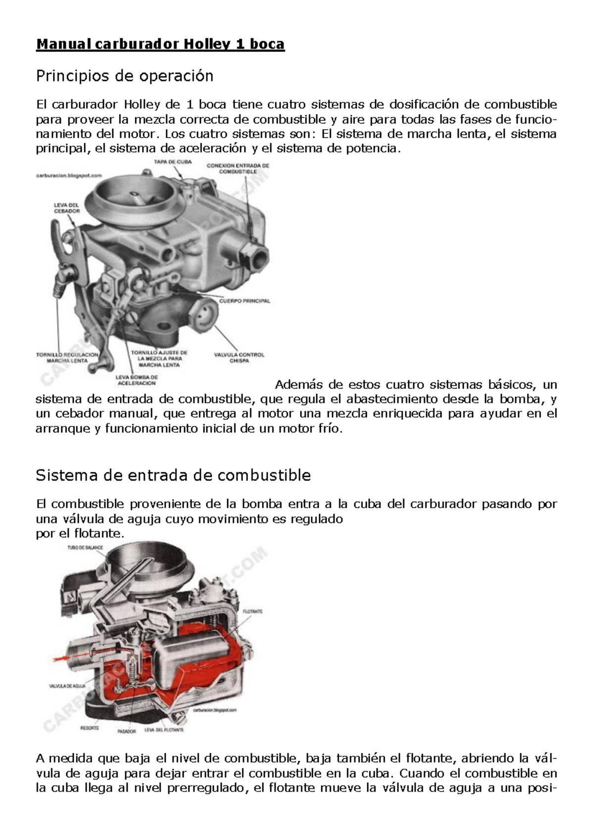Manual del Carburador Holley 1 Boca: Principios de Operación - Studocu