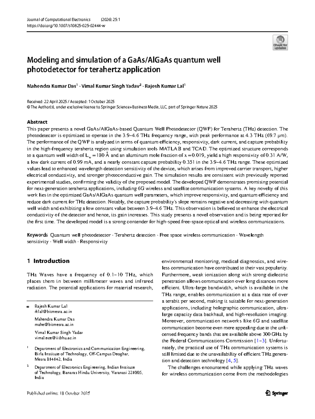 Modeling and Simulation of a THz Quantum Well Photodetector (2026 ...