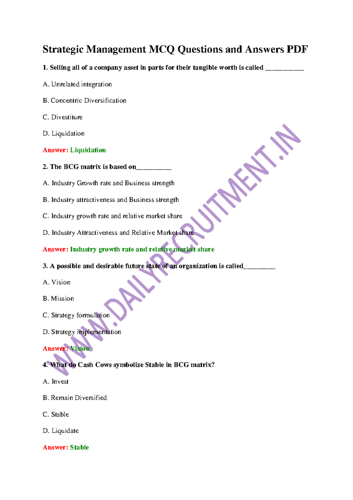 Strategic Management MCQs: Comprehensive Q&A Guide for Exam Preparation ...