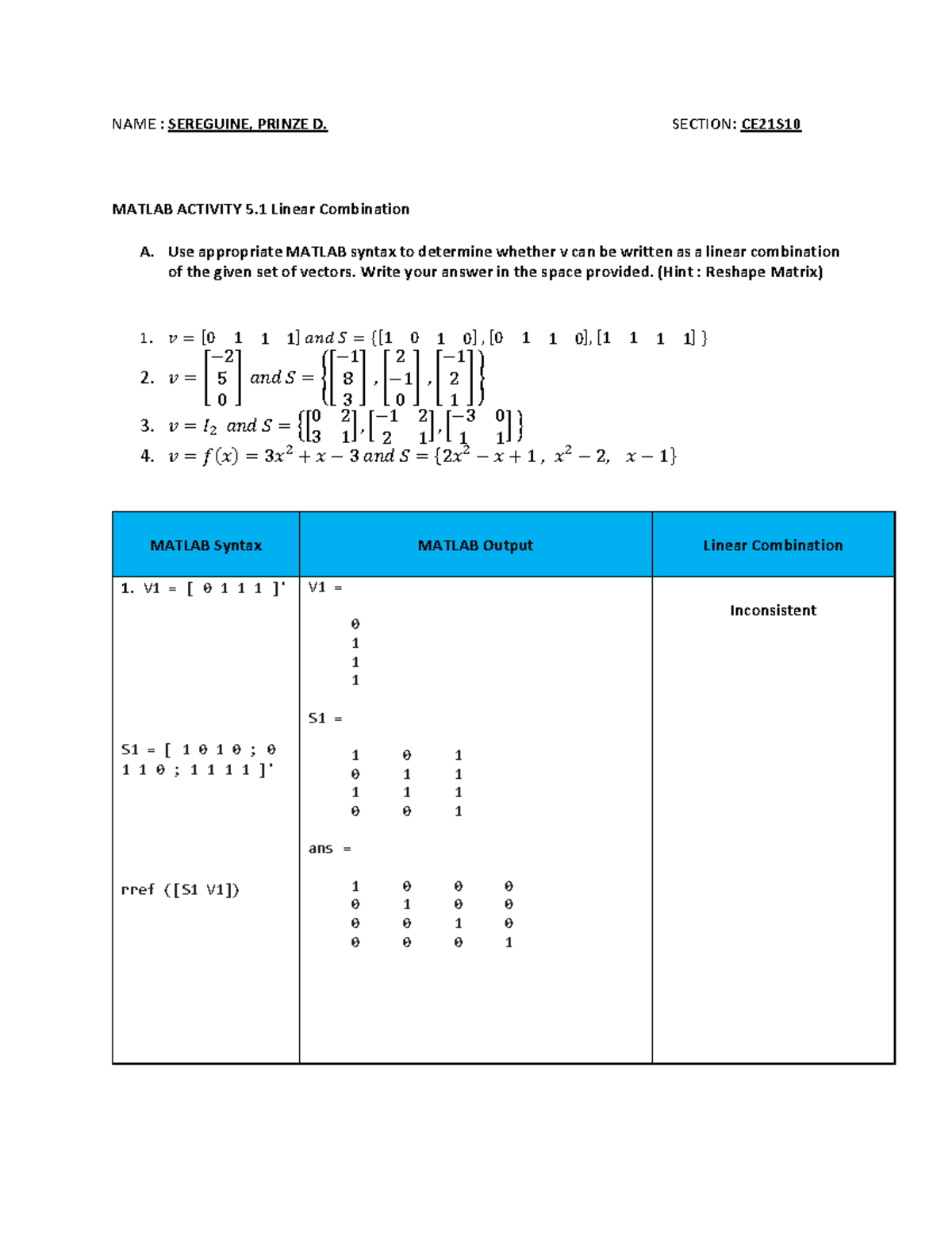 MATLAB Activity CE21S: Linear Combinations - Sereguine - Studocu