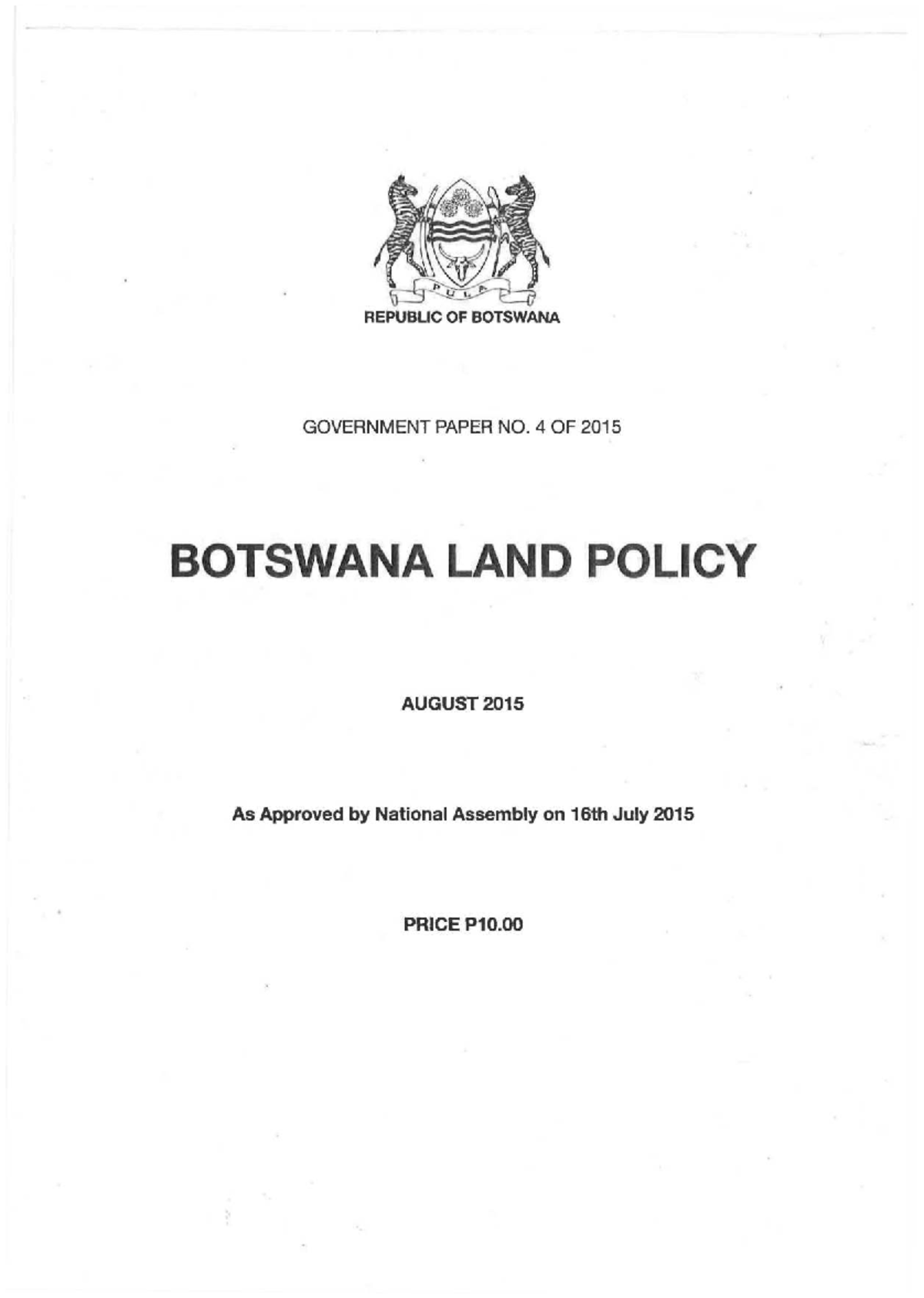 Botswana Land Policy 2015: Government Paper No. 4 Analysis - Studocu