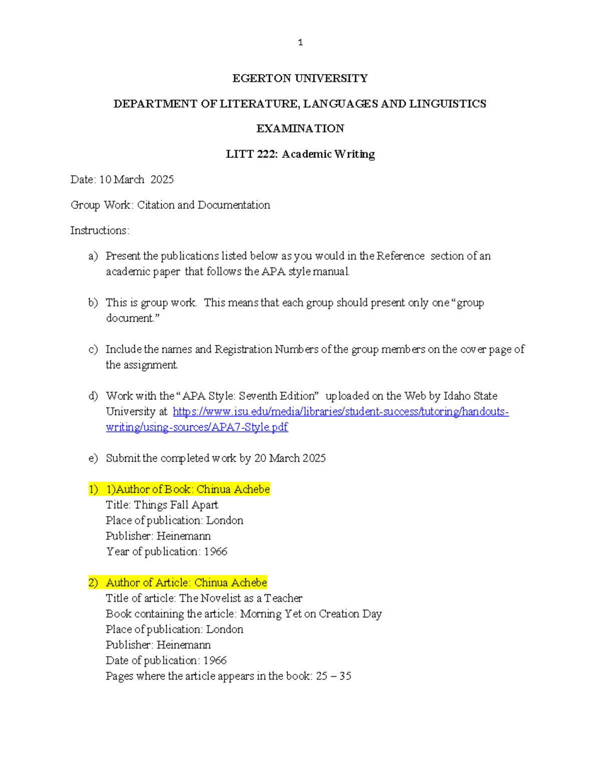 LITT 222 group work on citation and documentation guidelines - Studocu