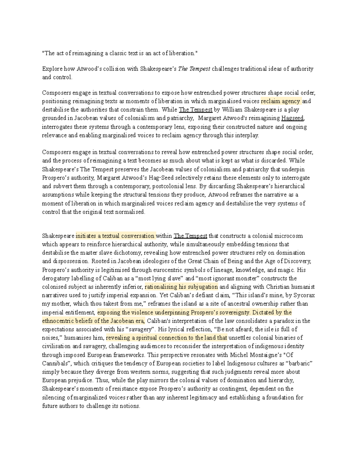 Mod A: Hagseed & The Tempest Comparative Essay Analysis - Studocu