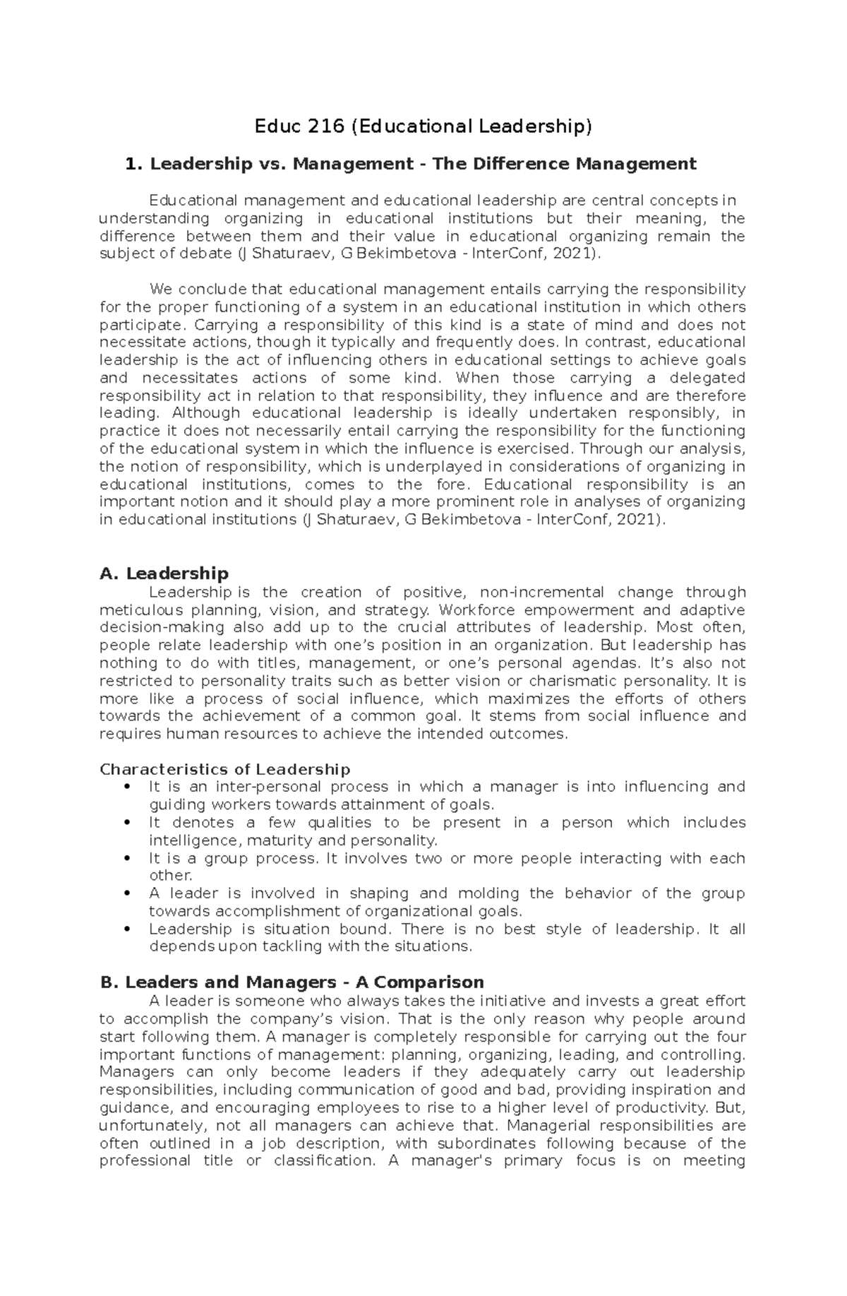 Educ 216: Understanding Educational Leadership & Management Dynamics ...