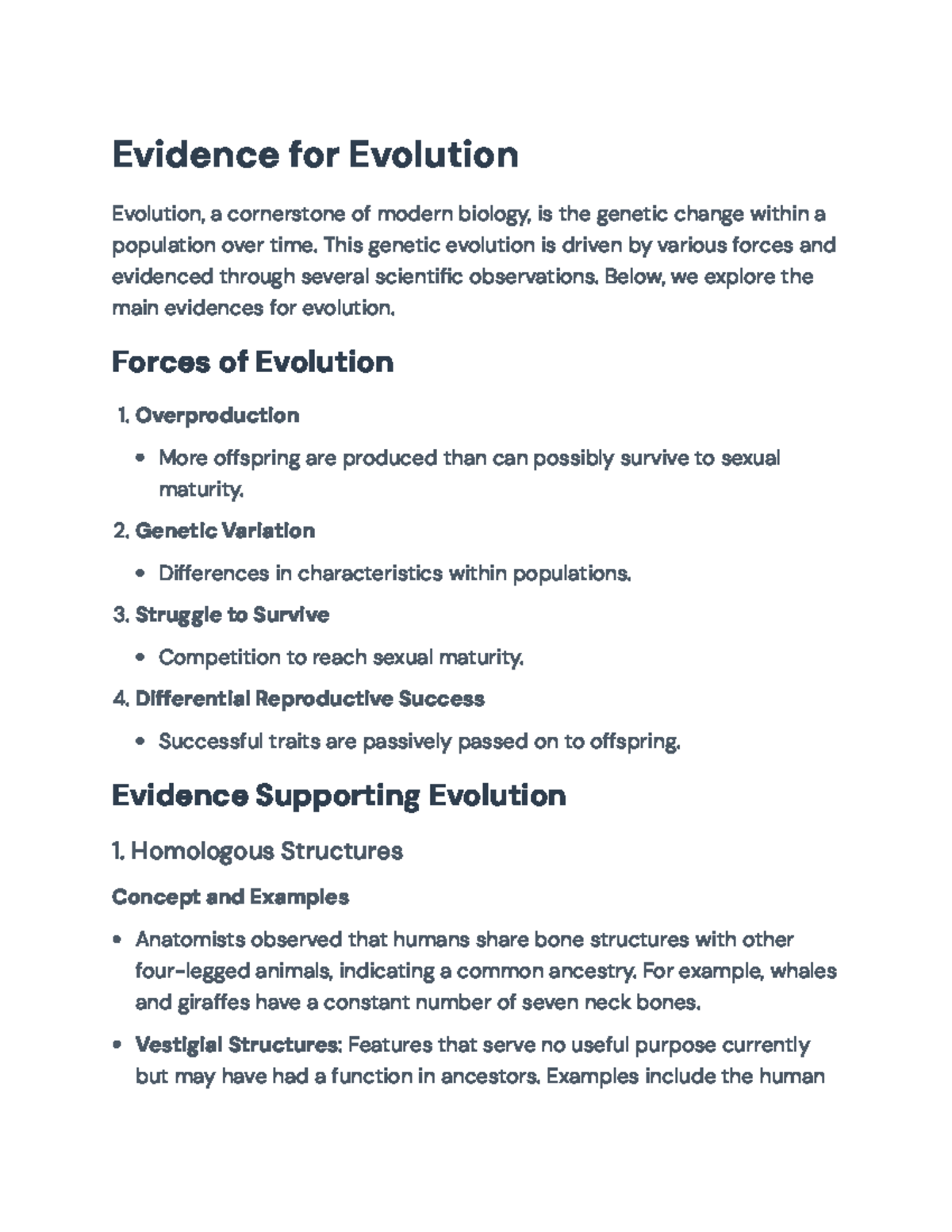 Evidence for Evolution: Key Concepts and Supporting Evidence - Evidence for Evolution Evolution ...