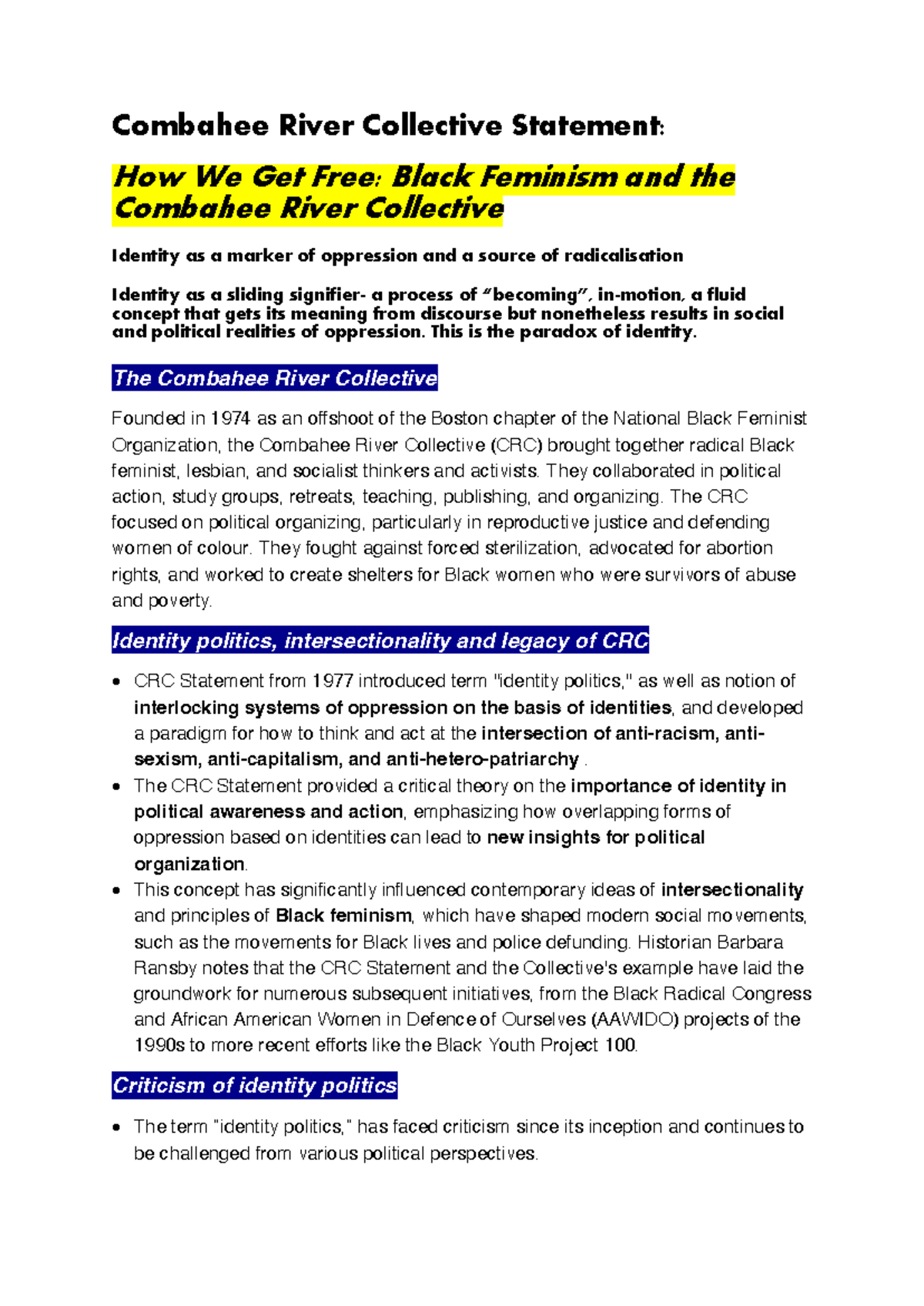 Combahee River Collective Statement: Identity Politics ...