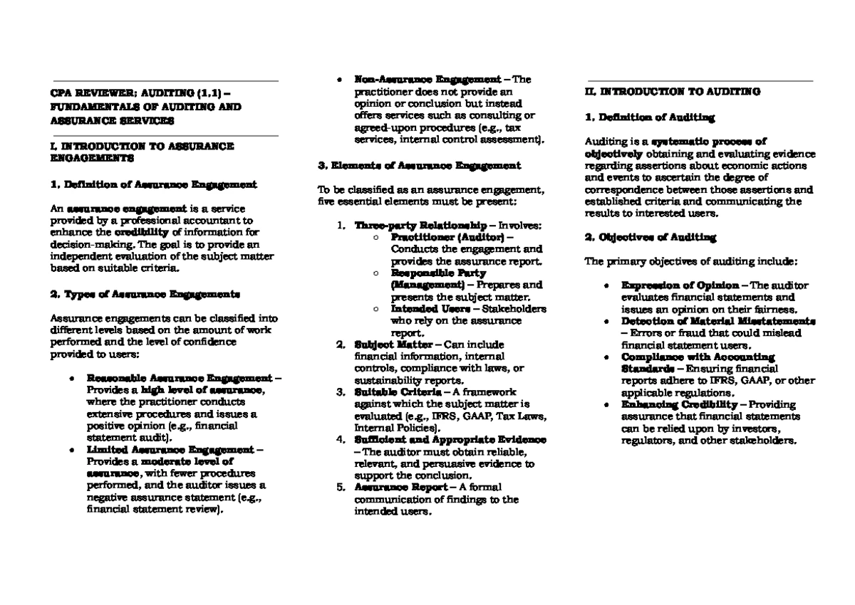 CPA REVIEWER: AUDITING (1.0) INTRODUCTION TO ASSURANCE ENGAGEMENTS AND ...