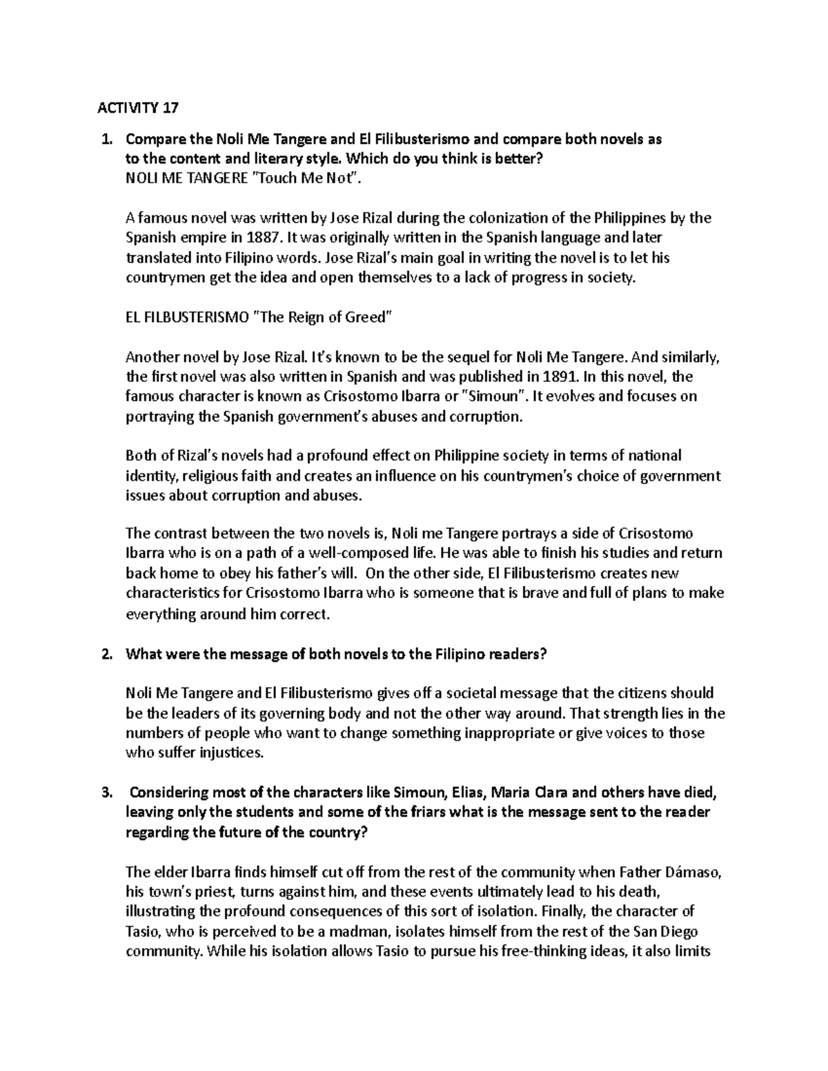 CX17 - Rizal-Chapter-17 - ACTIVITY 17 1. Compare the Noli Me Tangere and El Filibusterismo and ...