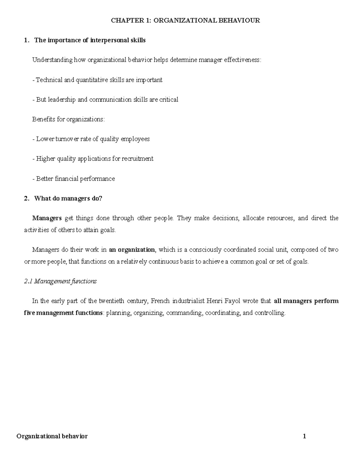 CHAPTER 1: ORGANIZATIONAL BEHAVIOR - Key Concepts and Management Roles ...