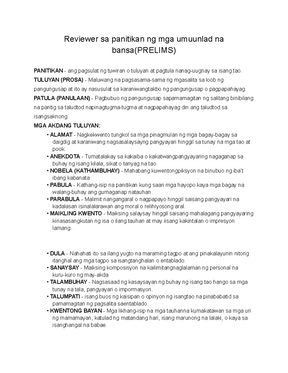 FIL 3 - Reviewer sa Panitikan ng mga Umunlad na Bansa (Prelims) - Studocu