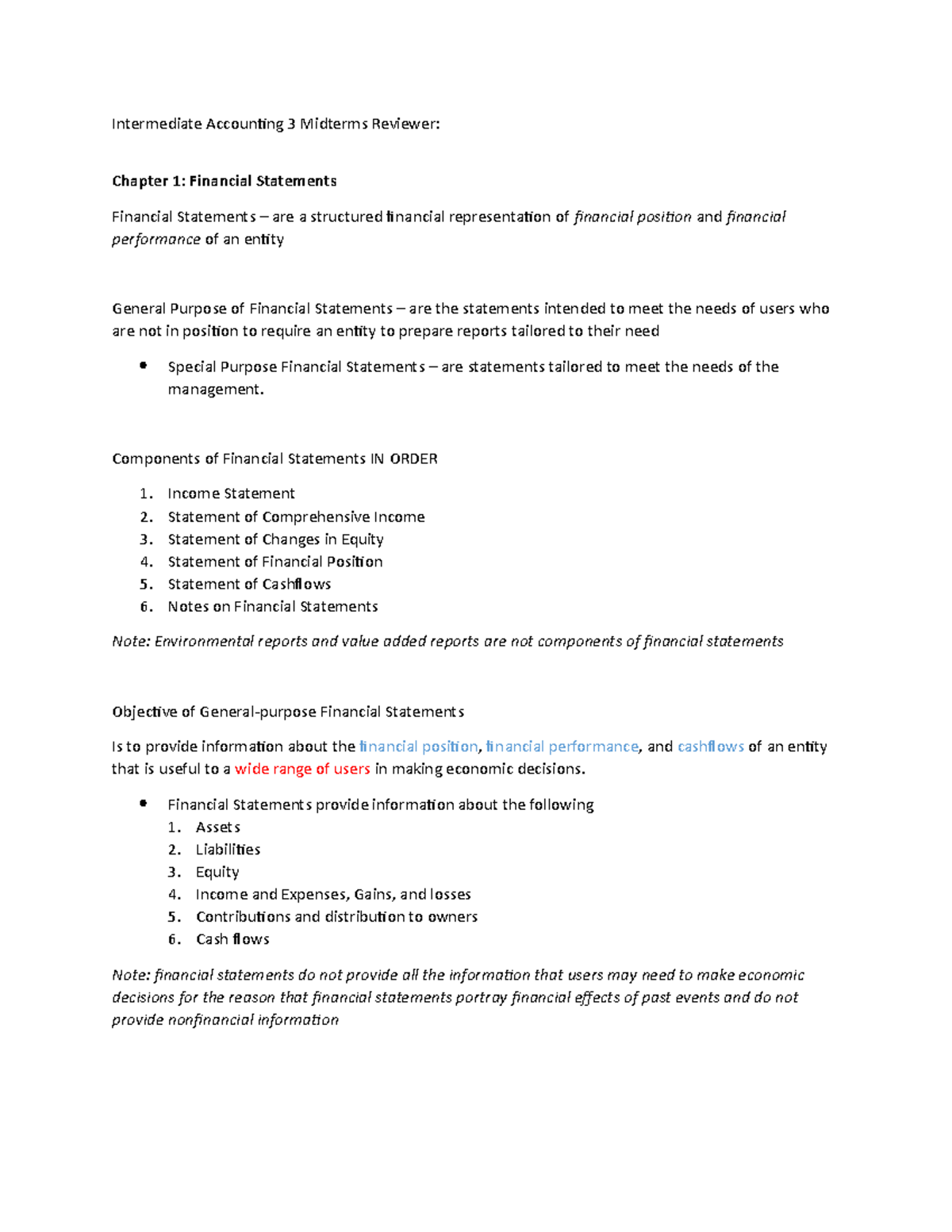 Intermediate Accounting 3 Midterm Reviewer: Key Financial Statements Insights - Studocu