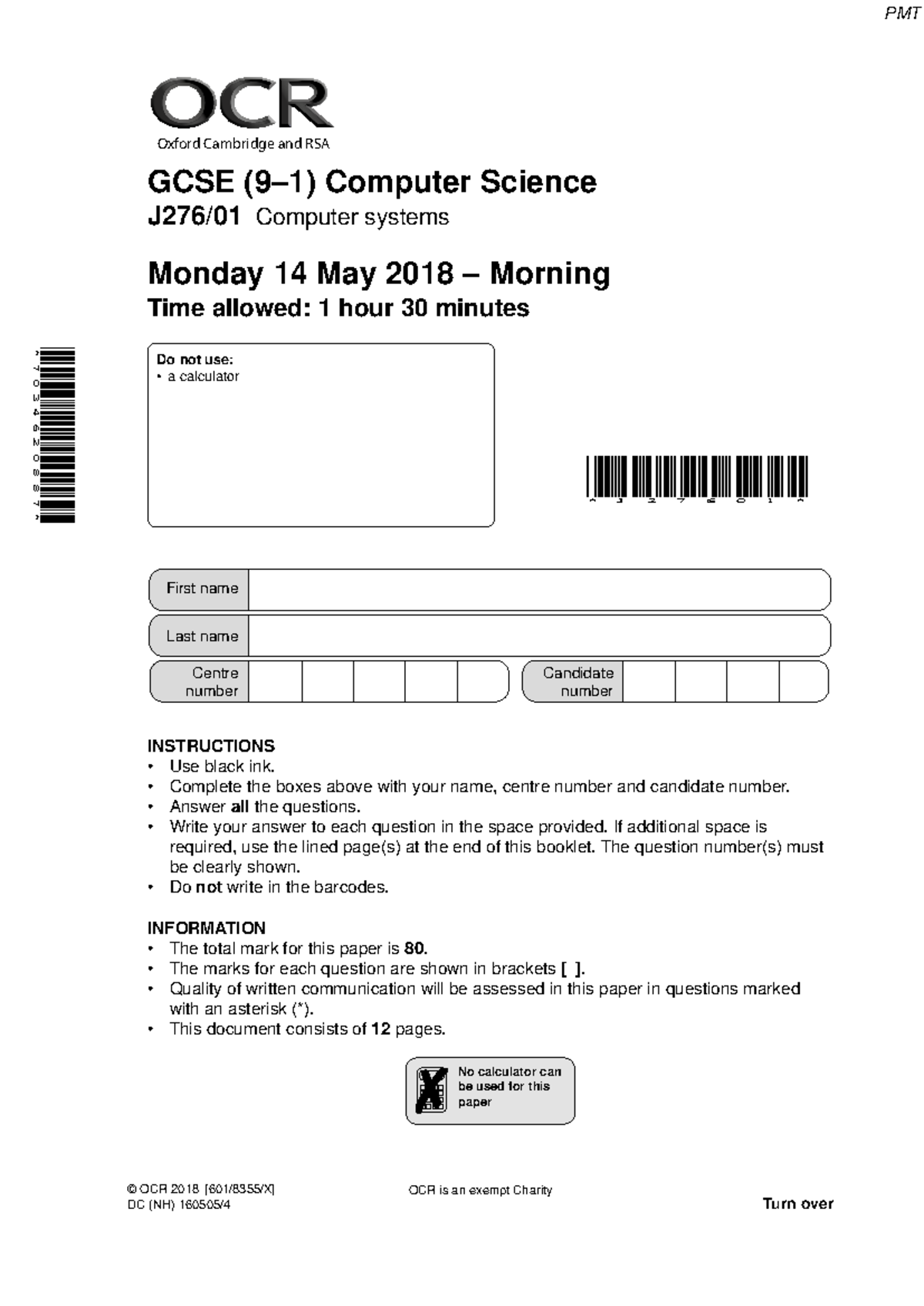 Computer science exam paper - OCR is an exempt Charity GCSE (9–1 ...
