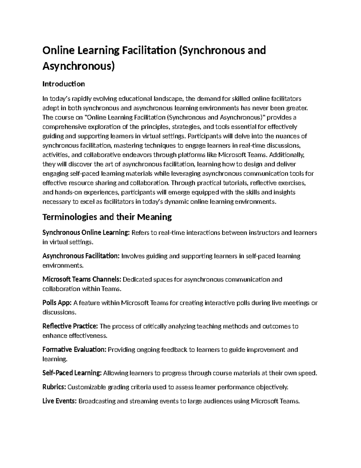 Online Learning Facilitation: Synchronous & Asynchronous Strategies - Studocu