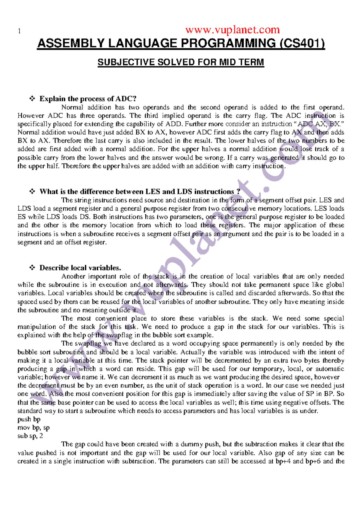 CS401 Assembly Language Programming Short Notes for Midterm Exam - Studocu