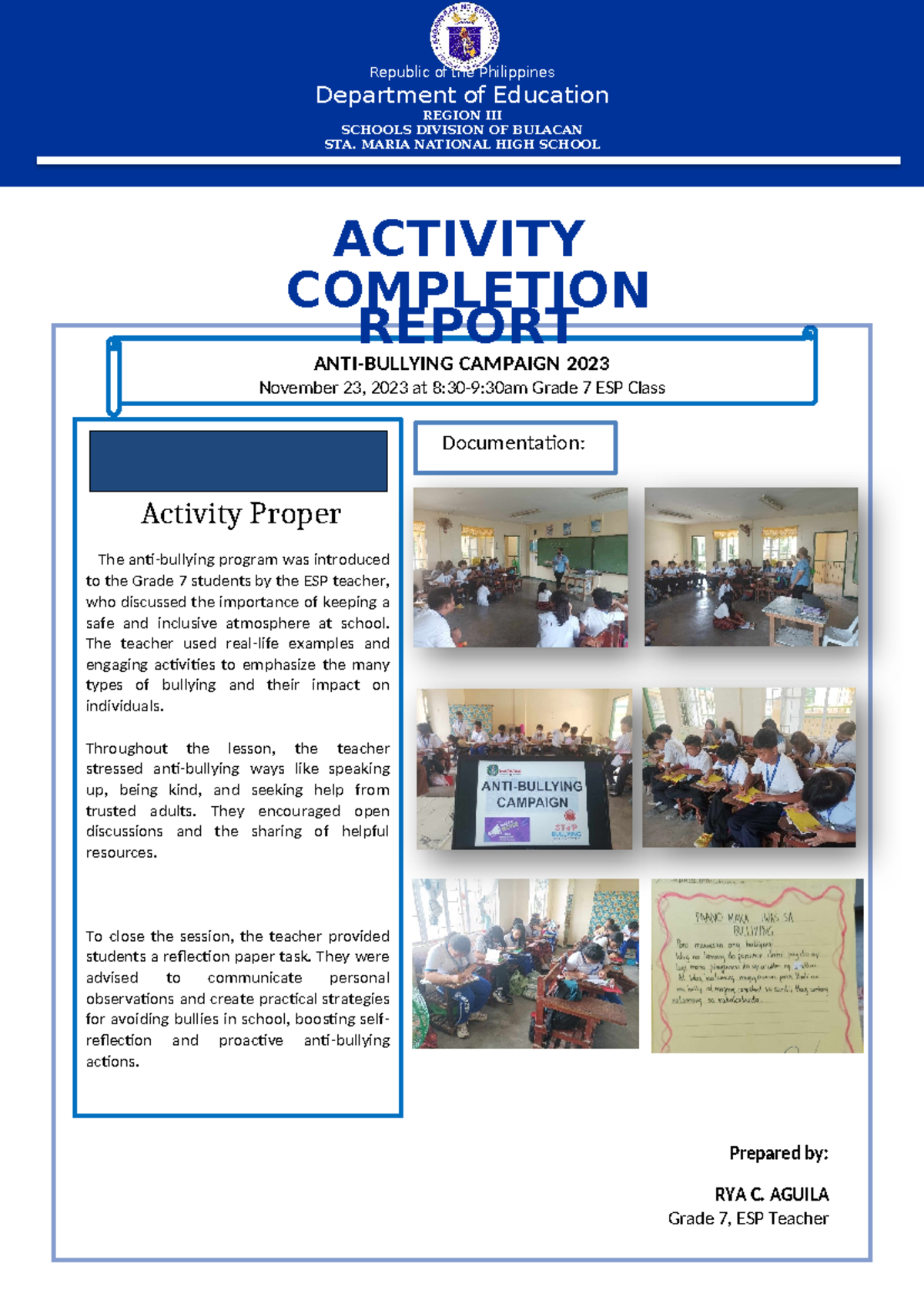 ACR-Grade 7 ESP Anti-Bullying Campaign Activity Report 2023 - Studocu